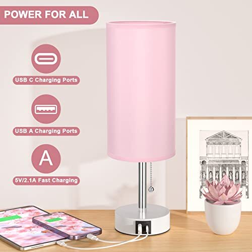 Nightstand Lamp with Color Modes - Pink Bedroom Lamp with USB Charging ...