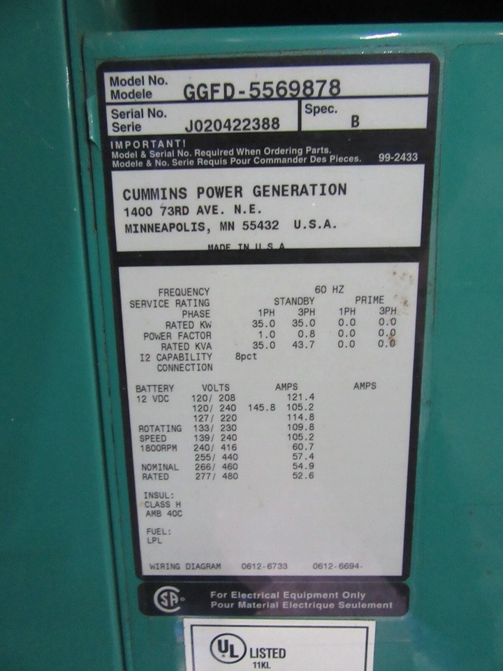 35 KW GENERATOR NAT GAS LP CUMMINS ONAN 120/240 VOLT 1 PH RE ...