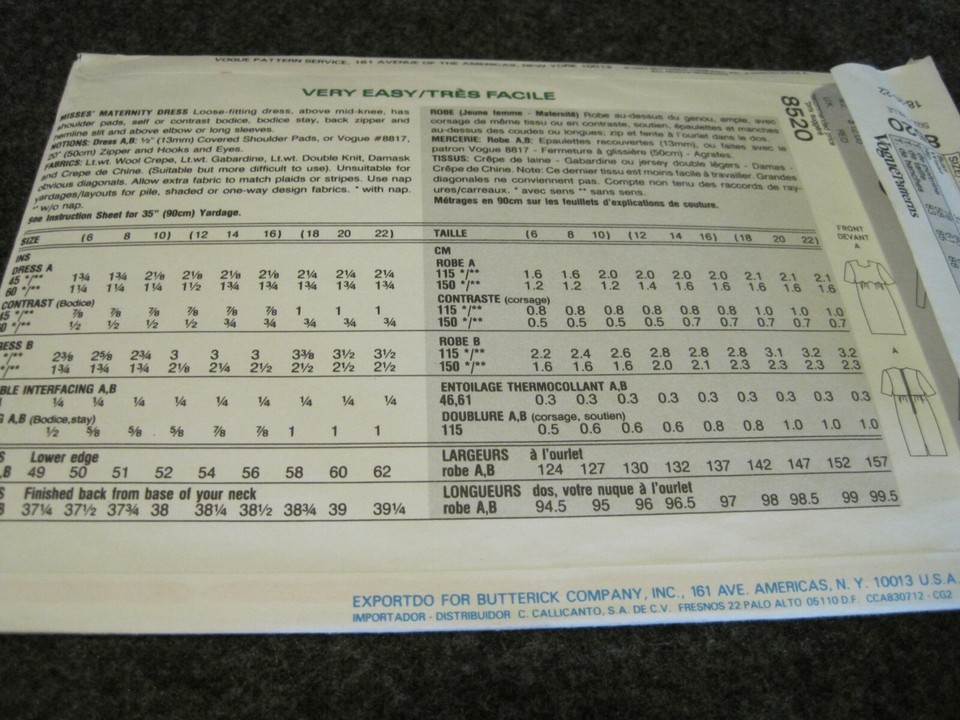 VOGUE MISSES MATERNITY DRESS 8520 Easy Sewing Pattern UNCUT Vintage | eBay
