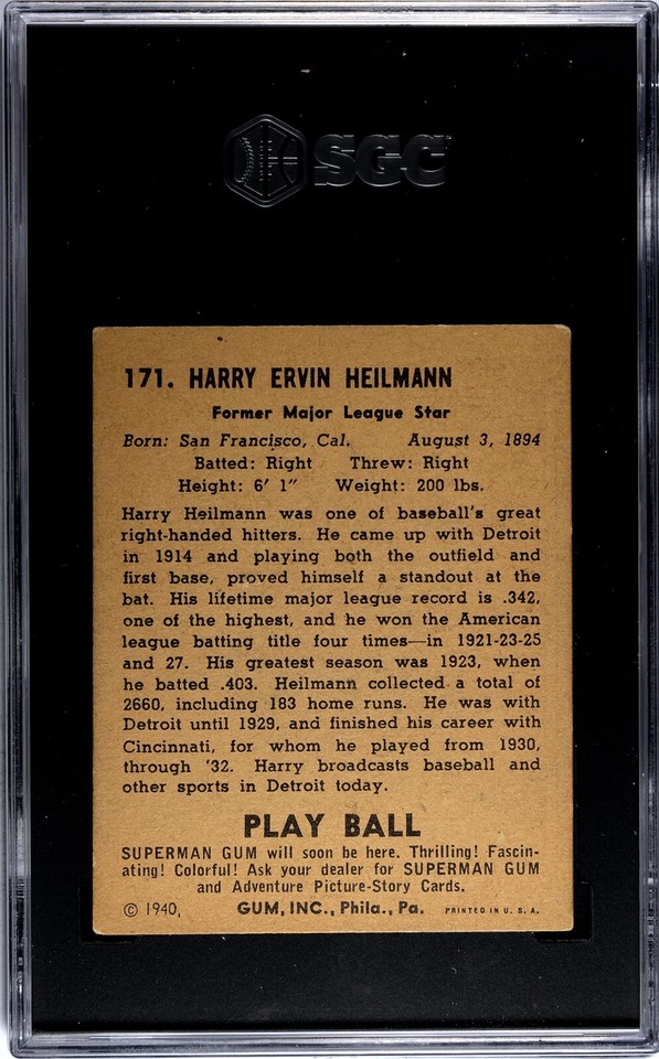 SGC 4 - 1940 Play Ball #171 Harry Heilmann Detroit Tigers HOF ...