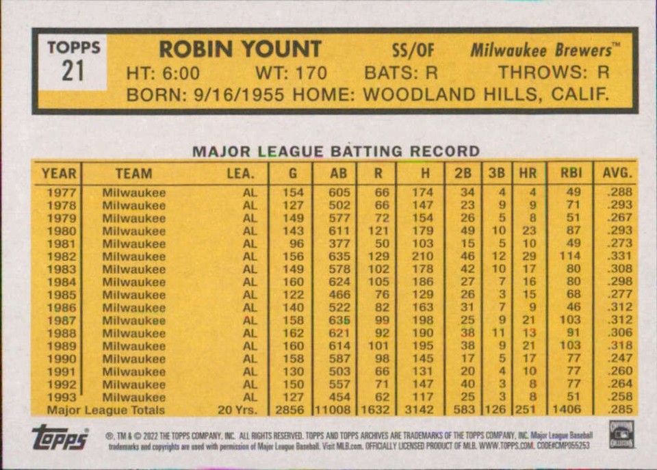 2022 Topps Archives #21 Robin Yount 1963 Topps Milwaukee ID:66088 | eBay UK
