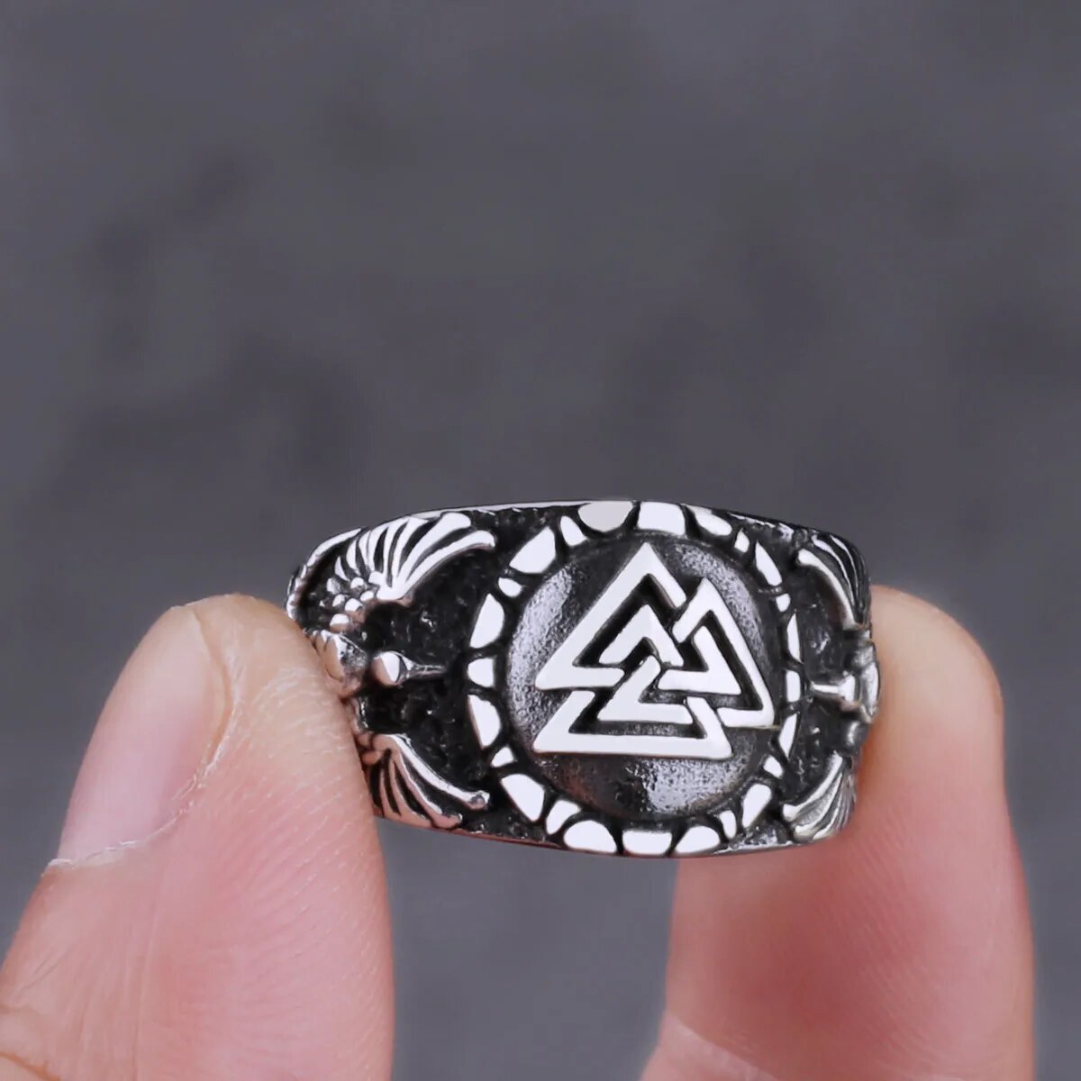 Nordic Viking Odin Crow Vintage Triangle Rune Stainless Steel Rings ...