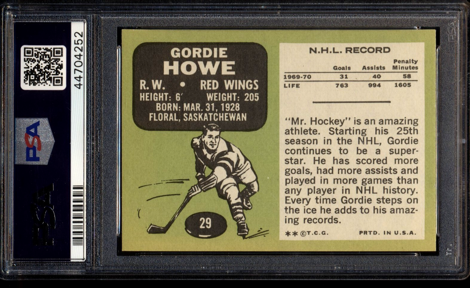 1970 Topps #29 - Gordie Howe Detroit Red Wings HOF PSA 8 CENTERED ...