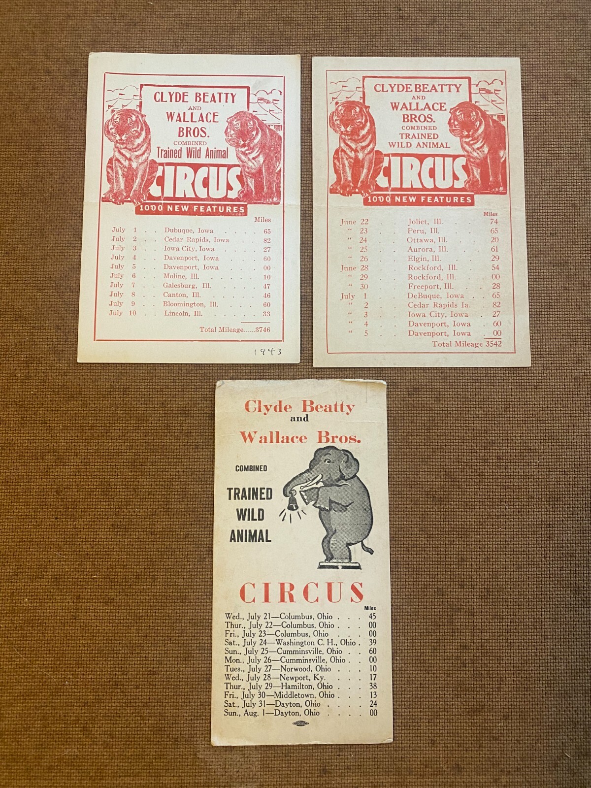 Lot of 3 Vintage Clyde Beatty Circus Official Route Cards 1943 Type ...