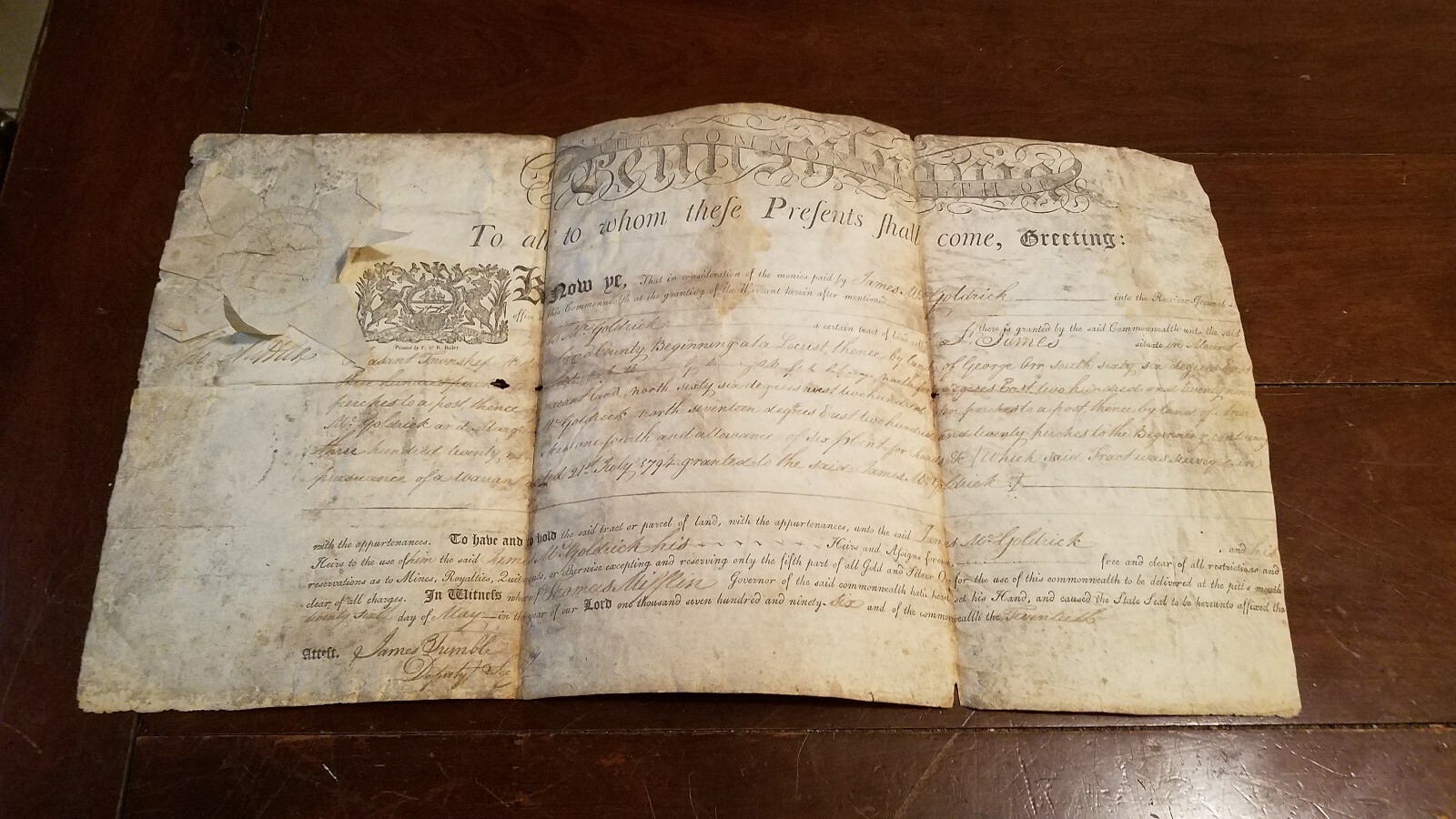 1796 Thomas Mifflin Founding Father! Governor Pennsylvania Signed Deed ...