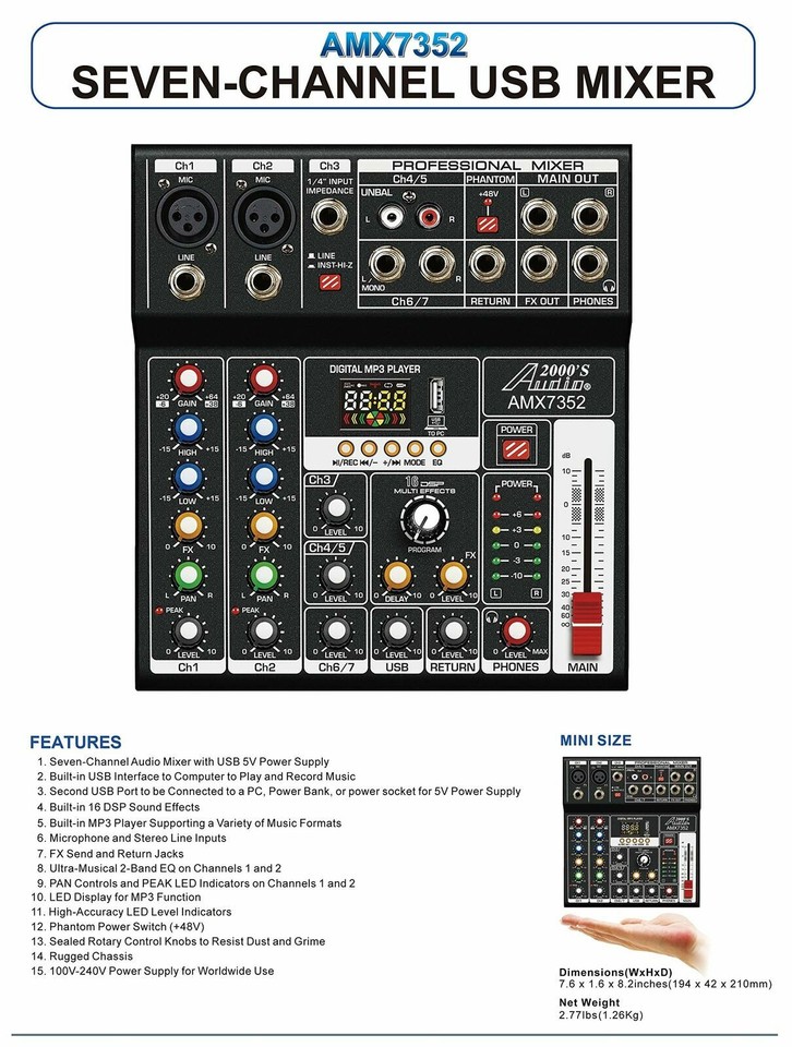 Audio2000'S AMX7352 7 Channel Audio Mixer with USB 5V Power Supply USB ...