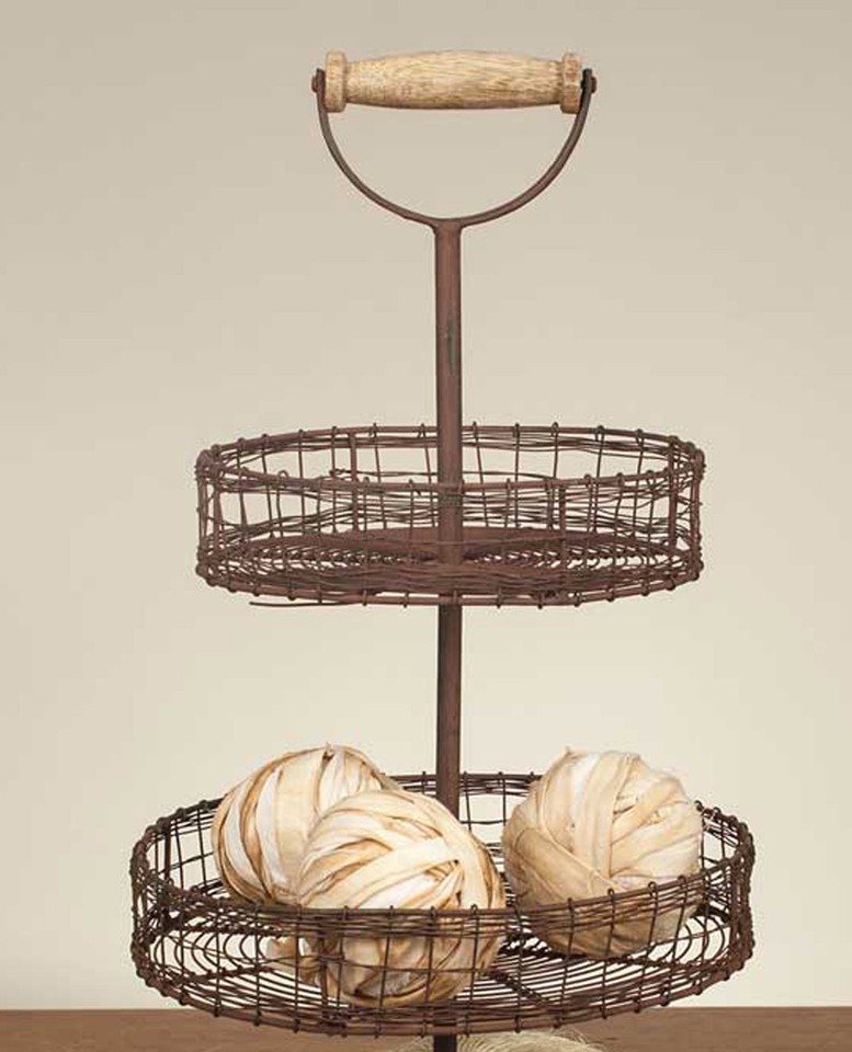 Three Tier Wire Basket Stand Display Wooden Handle Rustic Country Home ...