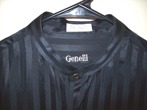 VINTAGE MENS GENELLI JET BLACK TONE ON TONE STRIPE SILK SHIRT NEHRU ...