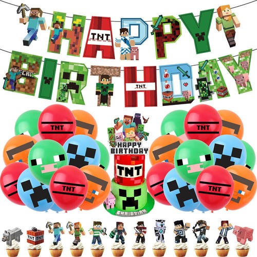 Minecraft Happy Birthday Banner Hanging Bunting Toppers Balloons Party ...