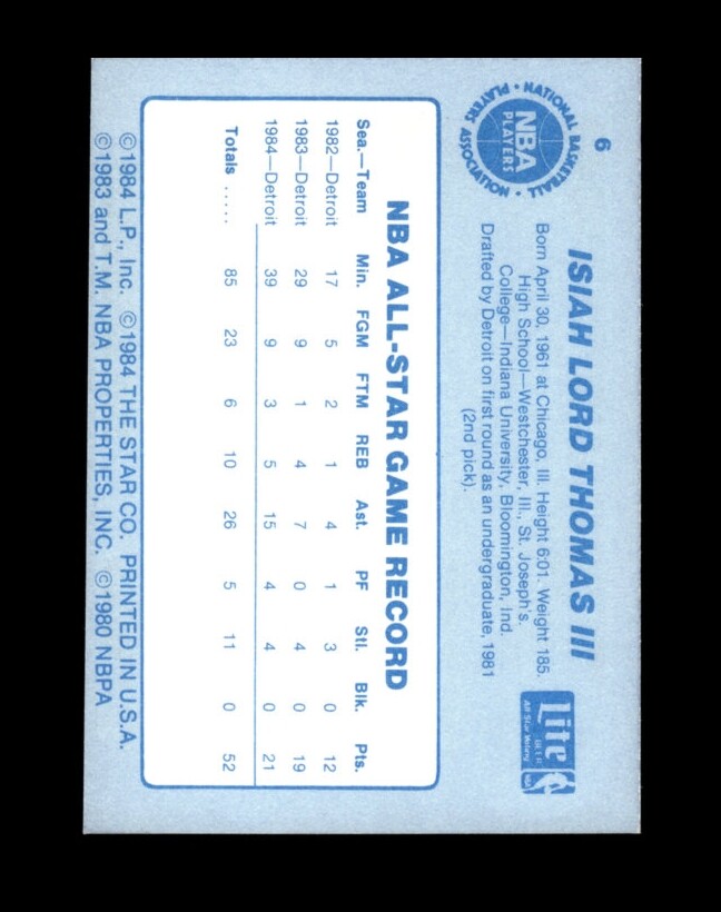 1984-85 Star Lite All-Star Set-Break # 6 Isiah Thomas EX-EXMINT ...