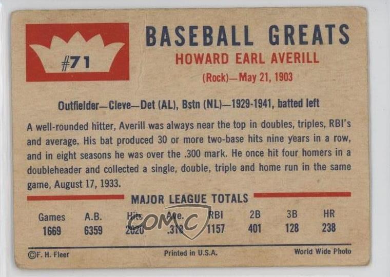1960 Fleer Baseball Greats Earl Averill #71 HOF 14r1 | eBay