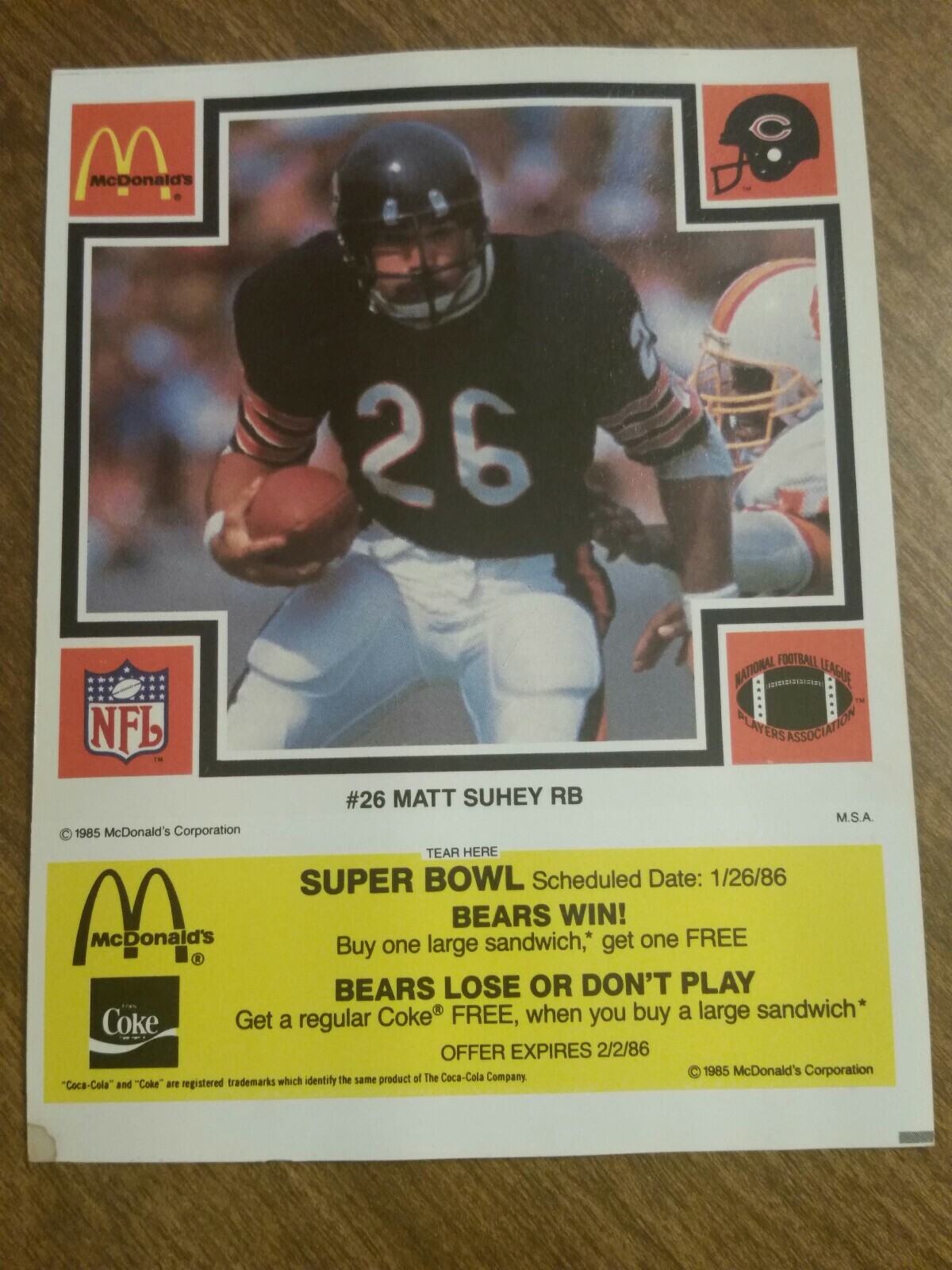 1985 McDonald's Chicago Bears Super Bowl Yellow Tab #26 Matt Suhey ...