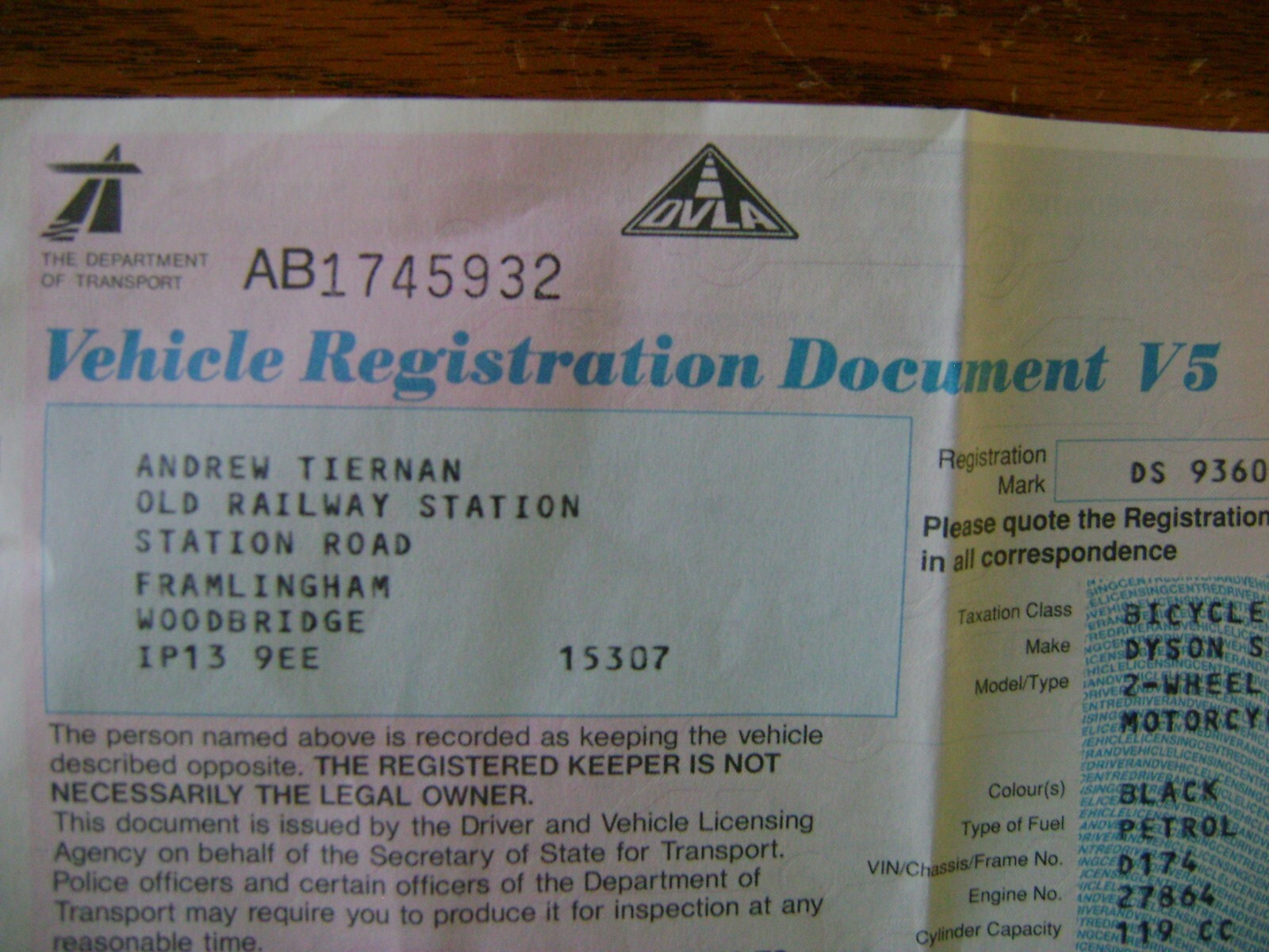 BRITISH V5 DOCUMENT DYSON SCOOTERETTE ELMERS AUCTION BROUGH VINCENT ...