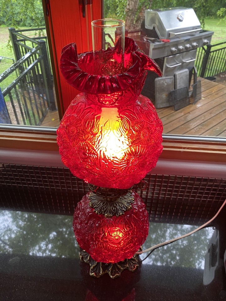 RARE VTG Fenton Ruby Red Poppy Glass Gone With the Wind Hurricane Lamp 24”H | eBay