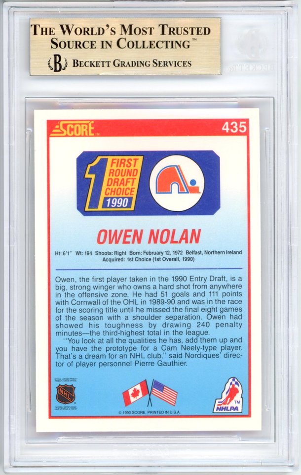 Owen Nolan RC BGS 9.5: 1990-91 Score Rookie Card True Gem Mint #435 POP ...