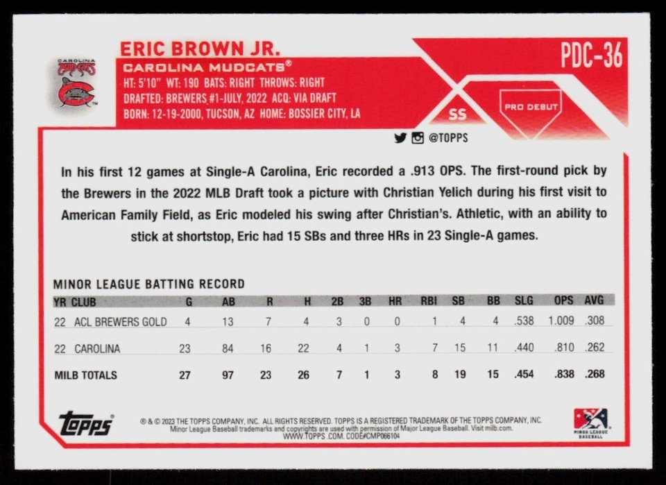ERIC BROWN JR. 2023 TOPPS PRO DEBUT CHROME RC CAROLINA MUDCATS #PDC-36 ...