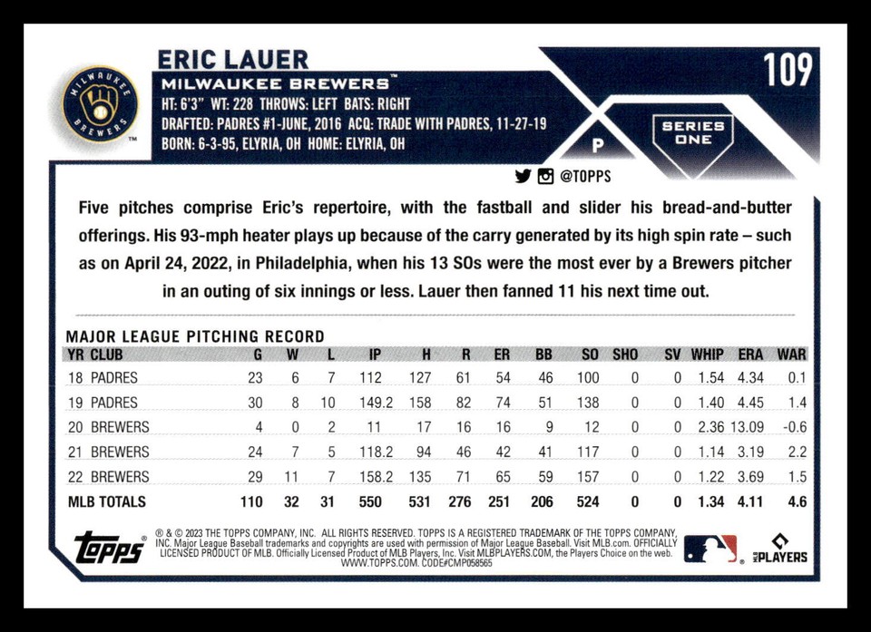 2023 Topps #109 Eric Lauer Milwaukee Brewers Baseball NM | eBay