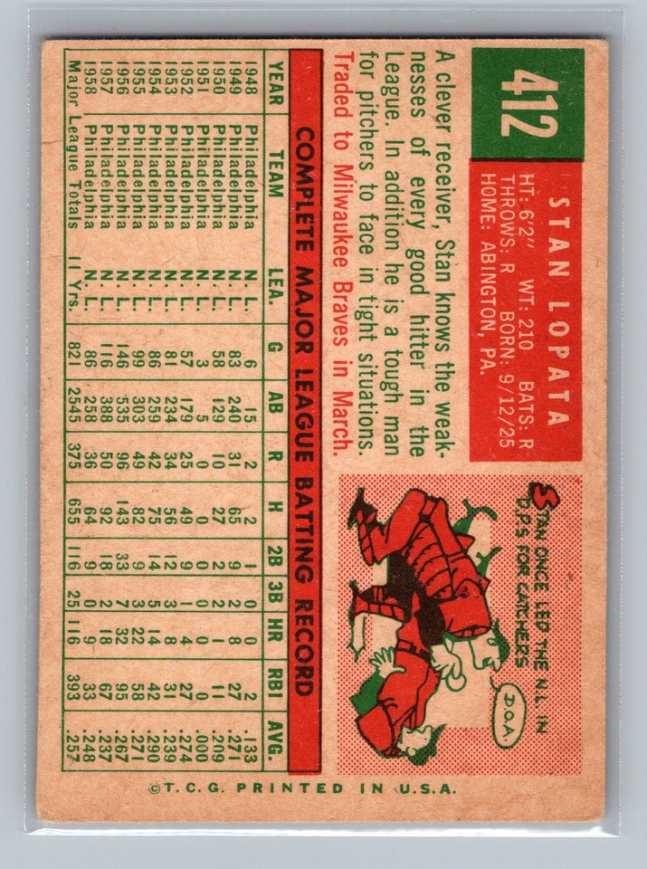 1959 Topps Stan Lopata #412 - Philadelphia Phillies - EX | eBay