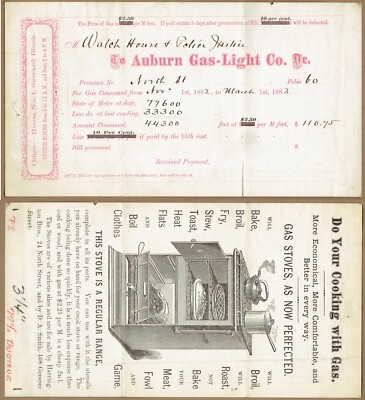1883 Utility Bill AUBURN NY GAS-LIGHT CO w/ Ad for Early Gas Range Oven ...