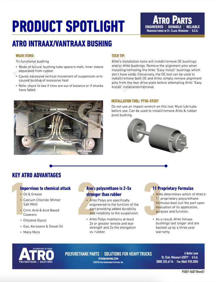 Atro Polyurethane PB50-36000 Pivot Bushing Kit Hendrickson Intraax S ...