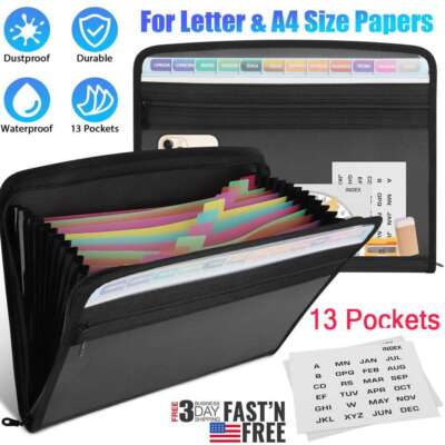 13 Pocket Label Expanding Accordion File Folder Zipper Document Letter ...