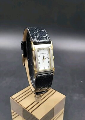 Womens Orvis Tank Two Tone Watch With Nice Dial w/ Black Leather Strap ...