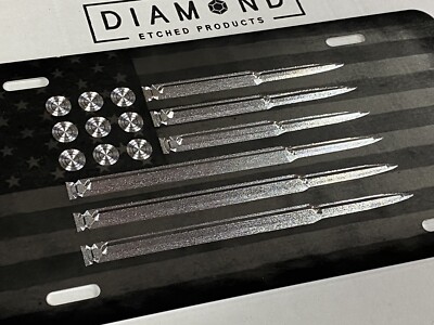 Combo Laser & Diamond Etched US Flag Gun Bullet Car Tag Front License ...