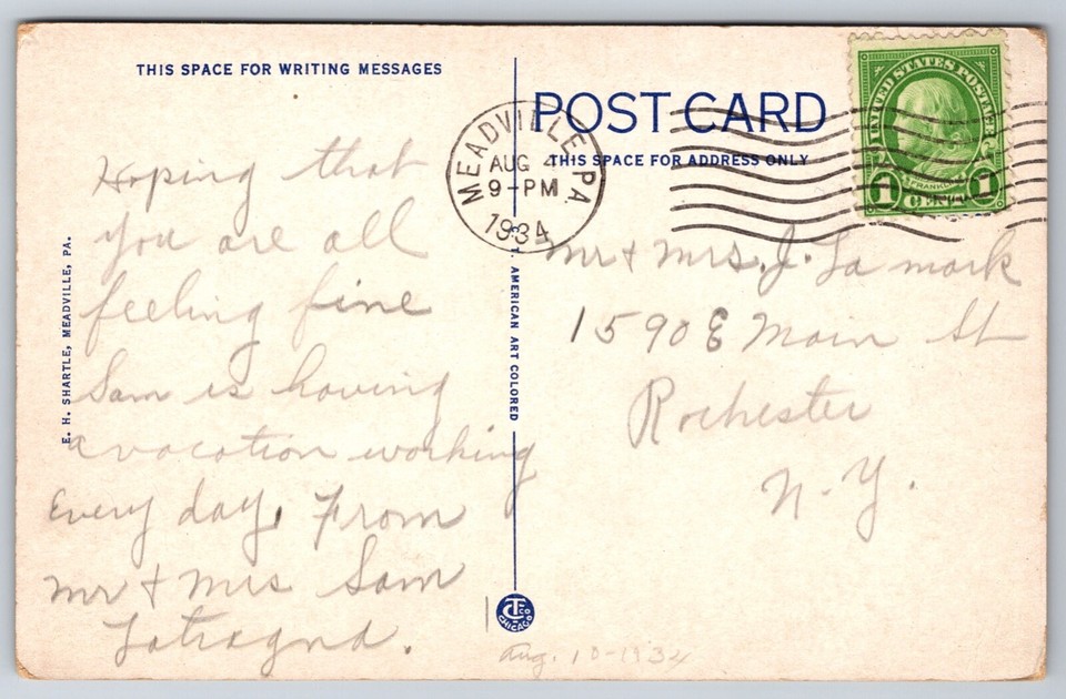 Meadville PA, Hookless Fastener Company, Pennsylvania Vintage Postcard ...