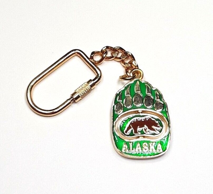 Alaska Grizzly Bear Paw Green Gold Tone Souvenir Spinner Keyring ...