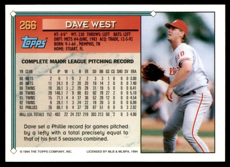1994 Topps Baseball #266 Dave West | eBay