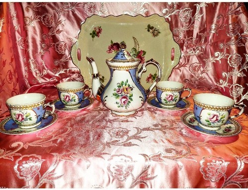 Set of 11 Victorias Garden Victorian Cabbage Roses Blue Teapot Teacup ...