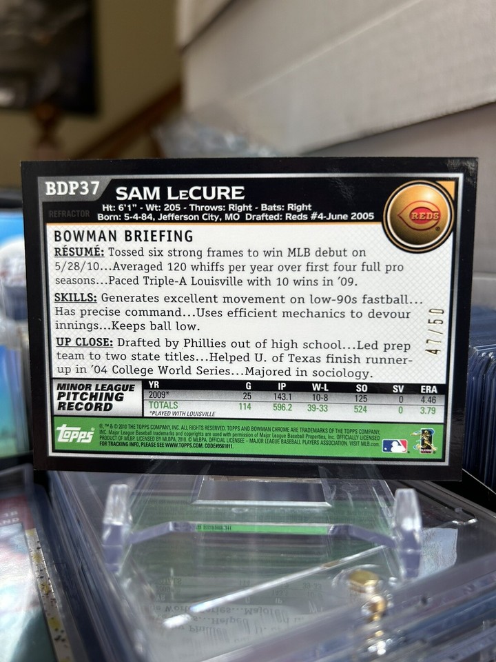 2010 Bowman Draft Chrome Sam LeCure Rookie RC Gold Refractor /50 #BDP37 ...
