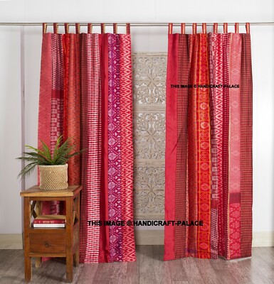 Red Indian Sari Patchwork Curtain Drape Window Decor Silk Sari Curtain ...