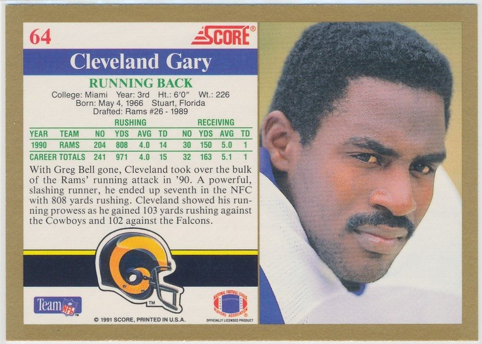 Cleveland Gary - Los Angeles Rams - 1991 Score Football - Base - #64 | eBay