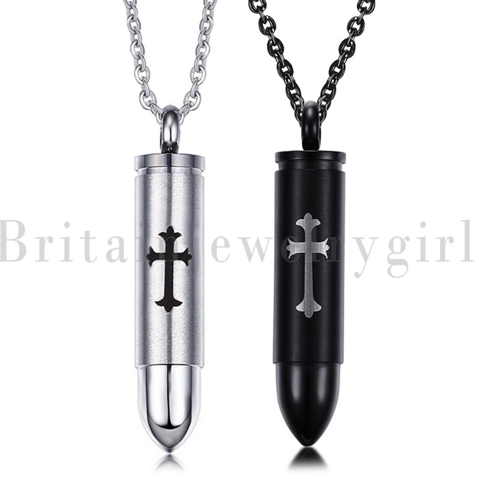 Stainless Steel Bullet Cross Pendant Necklace Memorial Ash Urn Holder ...