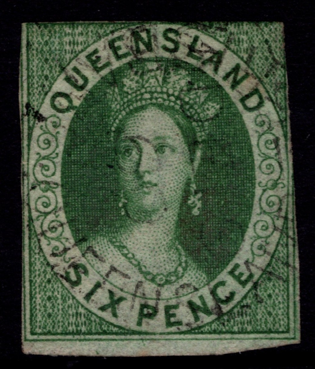 1860 QUEENSLAND 6d green chalon head used star w/m high value stamp ...