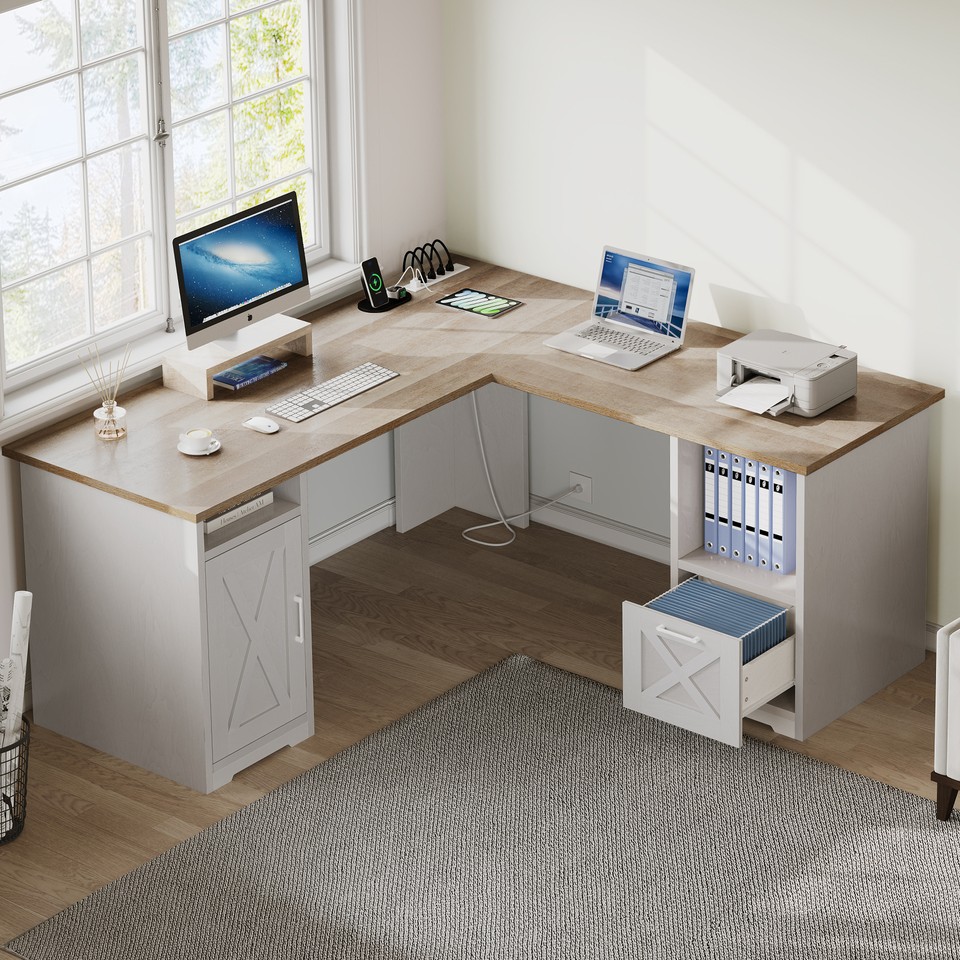60 Inch L Shaped Desk with Power Outlets Corner Computer Desk with File ...
