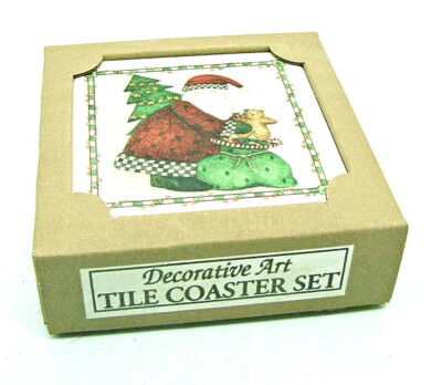 Decorative Art Tile Coaster Set 4 Santa Delivering Gift Holiday ...