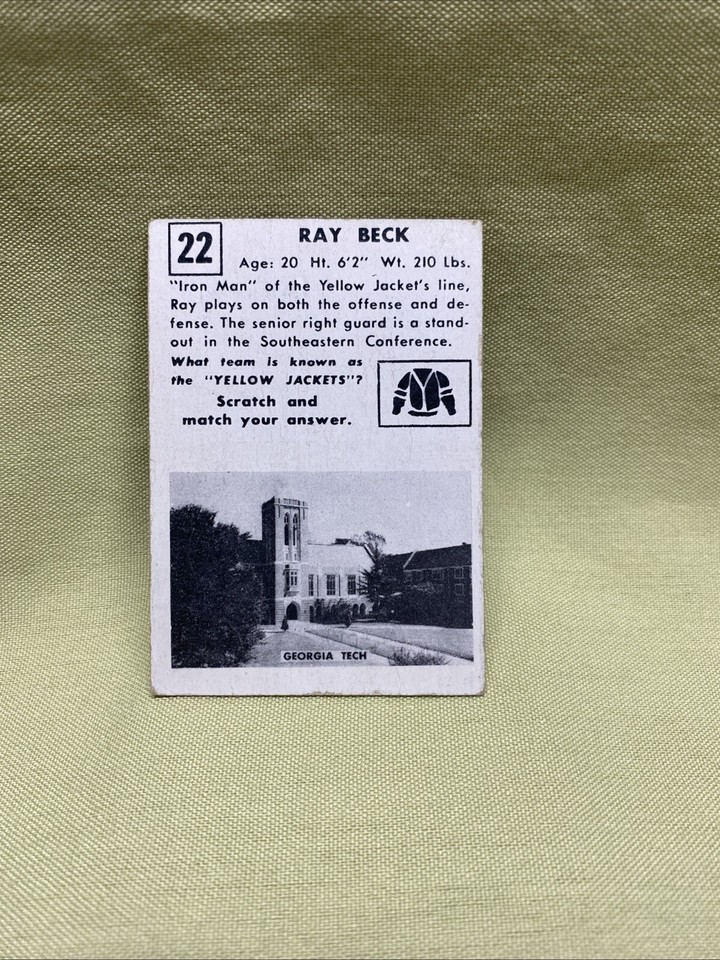 1951 Topps Football Card #22 Ray Beck-Georgia Tech Yellow Jackets Vg Card Rare🔥 | eBay
