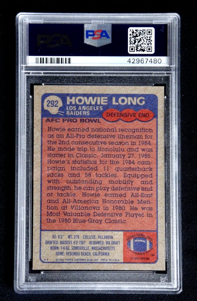 HOWIE LONG 1985 TOPPS FOOTBALL CARD #292 PSA 9 MINT RAIDERS HOF GRADED ...