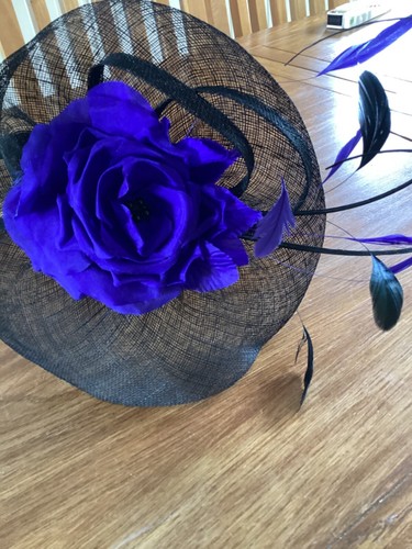 Black Jacques Vert fascinator with Royal blue silk flowers and feathers ...