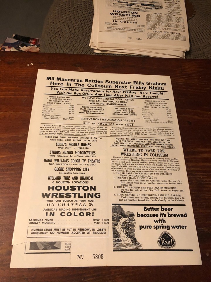 Vintage 11/08/1974 Houston, TX Paul Boesch Wrestling Program NWA/AWA ...