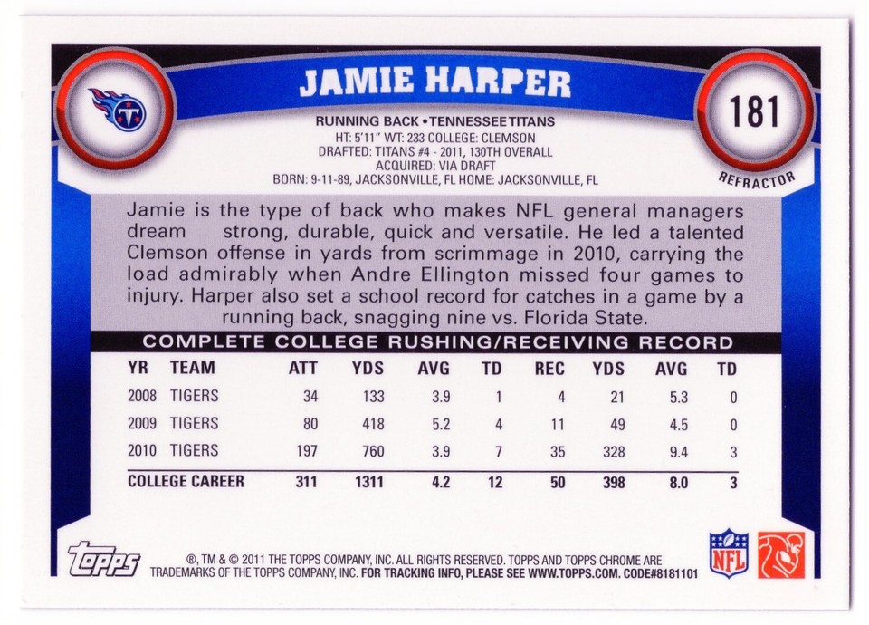 2011 Topps Chrome Jamie Harper #181 Tennessee Titans | eBay