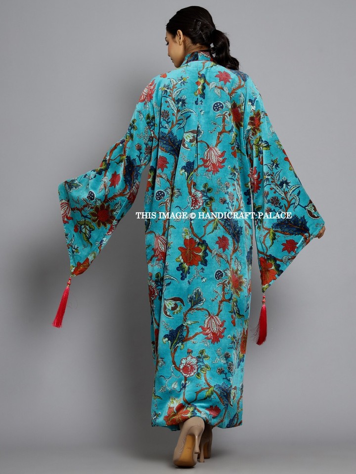 Luxury Velvet Bird Printed Robe OFMD Long Kimono Depression Robe Gown ...