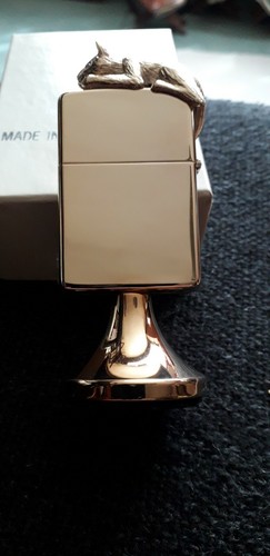 ZIPPO 1983 BARCROFT HANDILITE GOLD PLATED CAT HEAD TABLE LIGHTER VERY ...
