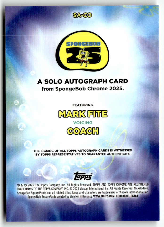 Topps SpongeBob Chrome 2025 No. SA-CO Mark Fite Coach Voice Actor Auto ...