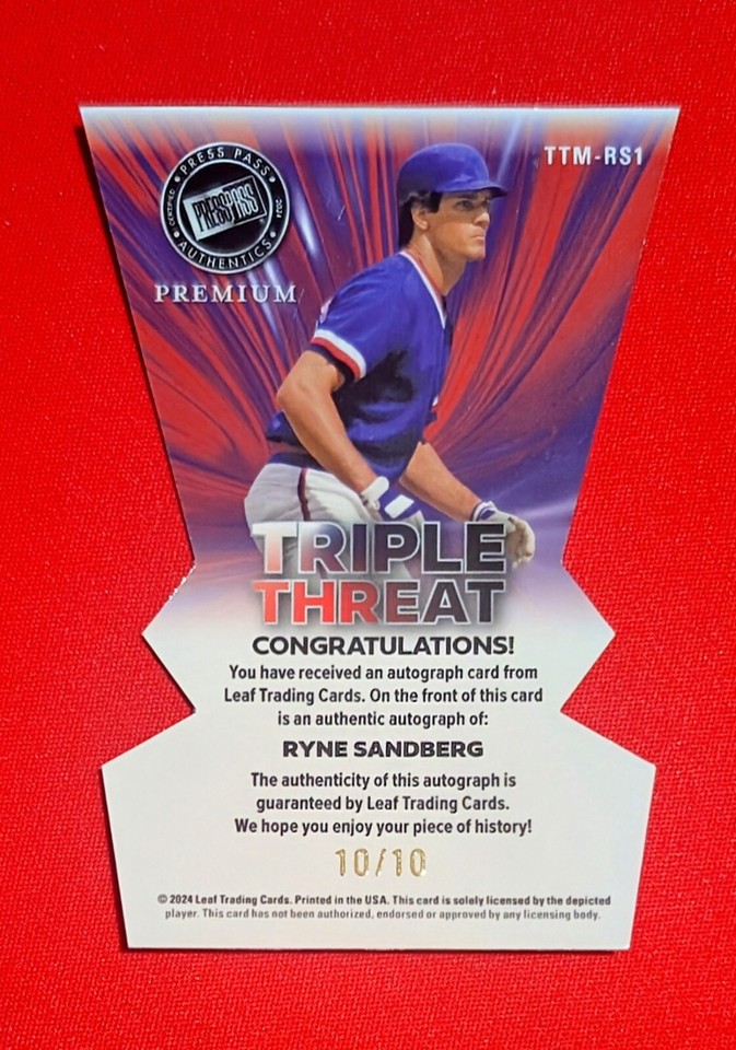 🔥Ryne Sandberg Auto 10/10 -2024 Leaf Press Pass Triple Threat Chicago ...