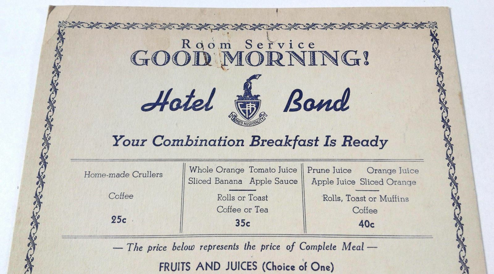 1940's Vintage Breakfast Room Service Menu Card HOTEL BOND Hartford ...