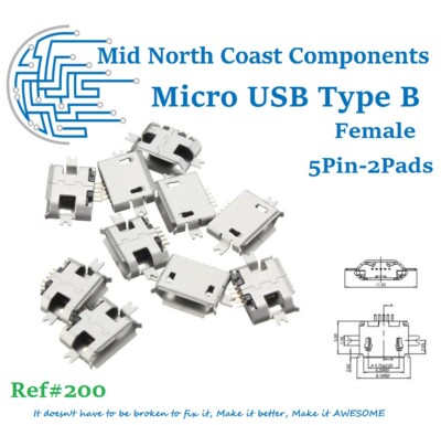 Micro USB Type B Female 5 Pin 2 Pad, Mid Mount, Curved SMD Connector ...