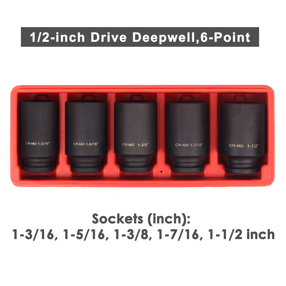 1/2-Inch Drive Deep Spindle Axle Nut Impact Socket Set Cr-Mo 6-Point 1/ ...